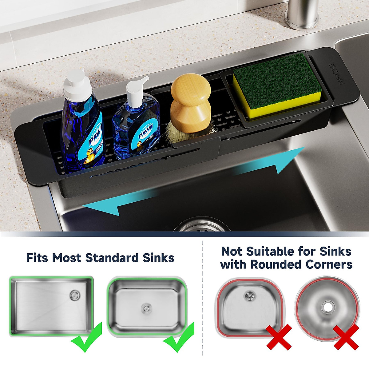 NiHome 17.5’’x15.3’’ Roll Up Dish Drying Rack with Side Utensil Holder Tray Over Sink Detachable Foldable Collapsible Stainless Steel Multipurpose Kitchen Drainer (Black)