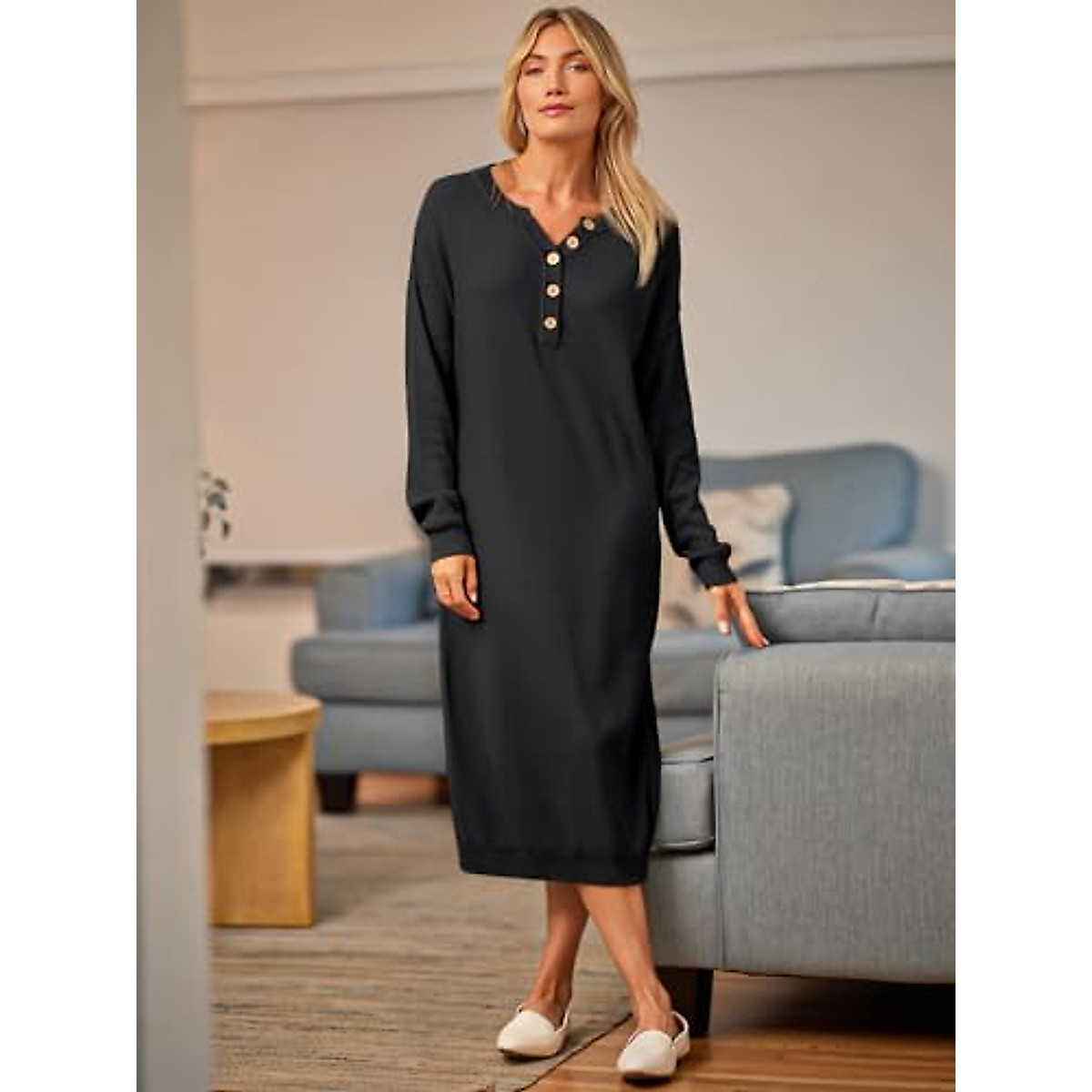 LILLUSORY Women Oversized Sweater Maxi Dress 2023 Fall Long Sleeve V Neck Button Waffle Knit Midi Dresses Black