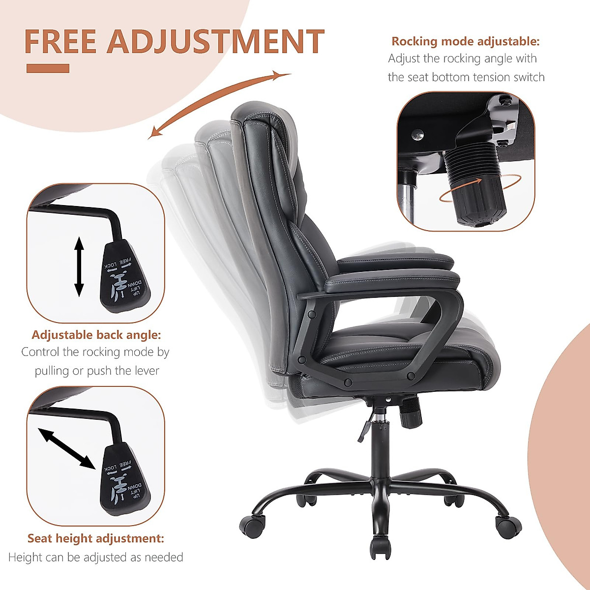 Office Desk Chair Ergonomic Rolling Swivel Home Office Desk Chairs,High Back Computer Chair PU Leather Executive Task Chair with Padded Armrests/Adjustable Height/Tilt,Black