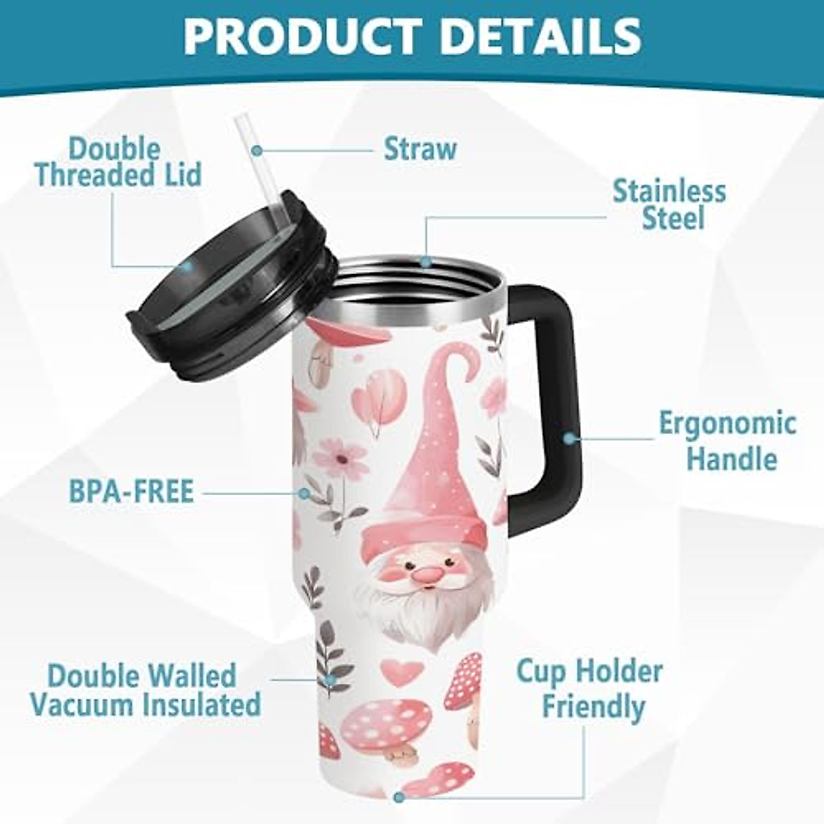 FRCSDIY Mushroom Elf Insulated Tumbler with Handle and Straw Lid,30oz Leakproof Stainless Steel Cup BPA-Free Water Bottle