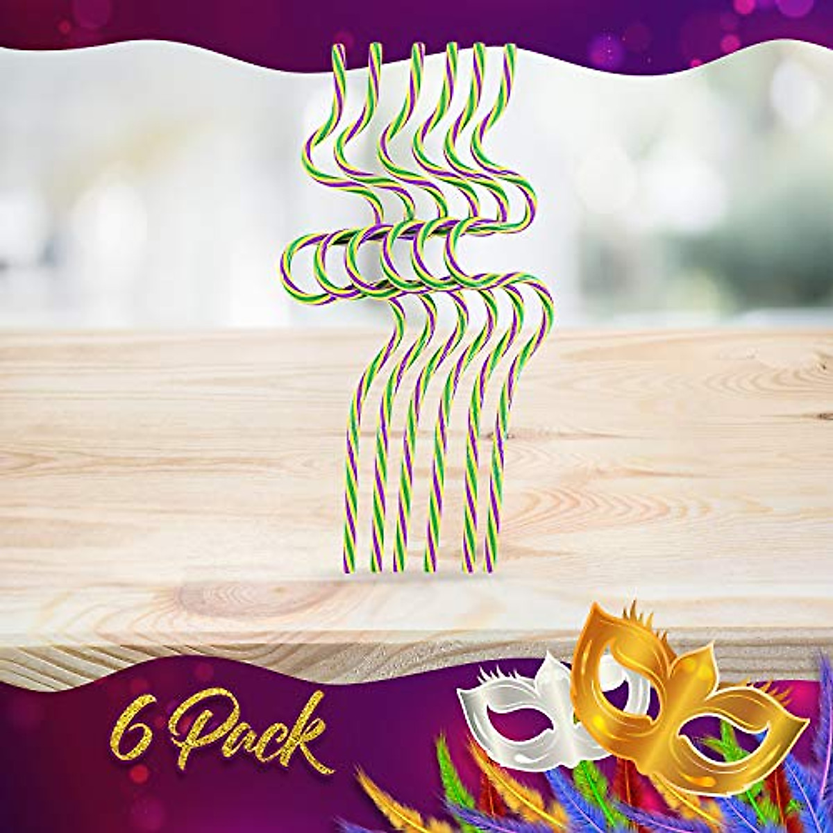 Krazy Straws 6 Count Mardi Gras Loopy Drinking Straws | Green Purple Yellow Carnival Fat Tuesday Party Accessories | Kids & Adults