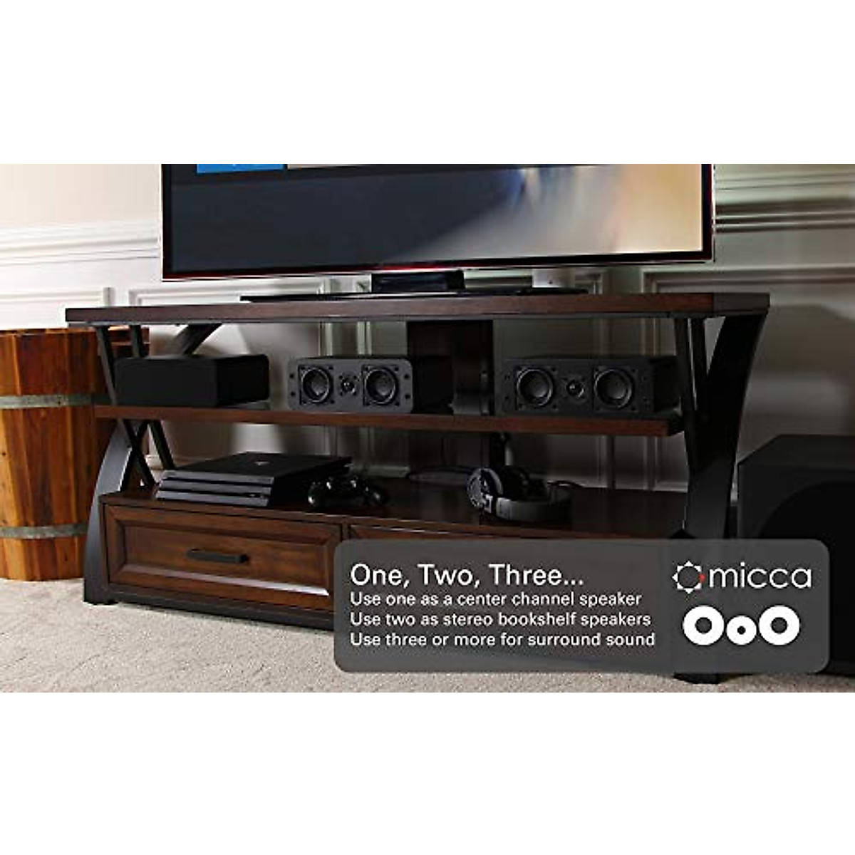 Micca OoO Slim Center Channel Speaker with 3-Inch Woofers and Silk Tweeter, Thin Design Under 4" Tall, for Desktop Stereo or Home Theater Surround Sound, Wall Mountable, Single, Dark Walnut