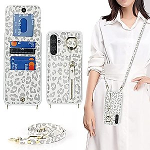 Jaorty Samsung Galaxy A54 5G Phone Case for Women with Card Holder,Samsung A54 Case Wallet Crossbody Lanyard with Strap,Credit Card Slots Kickstand Case with Ring Holder,6.4 Inch,White Leopard