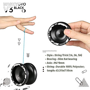 Pro Yoyo V3 - Aluminum Yoyo, Responsive & Unresponsive, Ideal for Kids + Strings + Bag + Bearing + Tool (Black)
