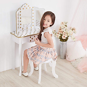 Teamson Kids Princess Gisele Polka Dot Print 2-Piece Kids Wooden Play Vanity Set with Vanity Table, Tri-Fold Mirror, Storage Drawer, and Matching Stool, White with Gold Polka Dot Accent