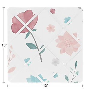 Sweet Jojo Designs Floral Rose Flowers Fabric Memory Memo Photo Bulletin Board - Blush Pink Teal Turquoise Aqua Blue Grey Pop Flower Boho Shabby Chic Modern Colorful Watercolor Roses Leaf Daisy Tulip