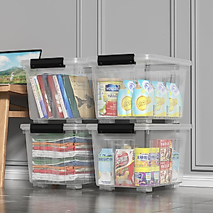 Zopnny 30 Quart Plastic Stacker Box, Large Storage Bin Container with Latching Lids and Wheels for Home and Garage Organizing, Shoes, Tools, Clear Base, 4-Pack