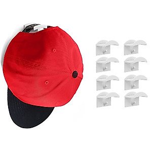 EZB Adhesive Hat Hooks for Wall - Floating, Hidden, Double Hook Hat Mounts for Fitted & Snapback Hats (8 Pack, Pearl White)