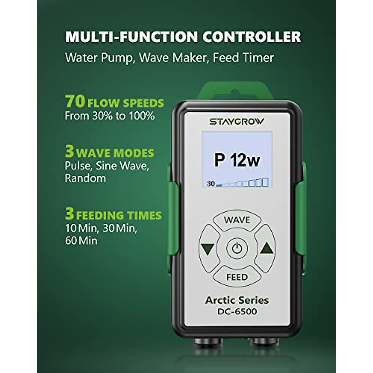 STAYGROW Arctic Series DC-6500 Aquarium Water Pumps, DC 24V 48W 1717 GPH (6500 L/H), Sine Wave Silent Powerful Controllable Submersible or External Return Pump for Fresh/Saltwater/Marine Tank Green