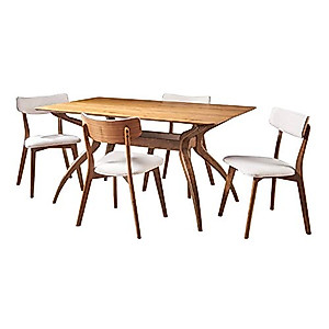 Christopher Knight Home Nissie Mid-Century Wood Dining Set with Fabric Chairs, 5-Pcs Set, Natural Walnut Finish / Light Beige