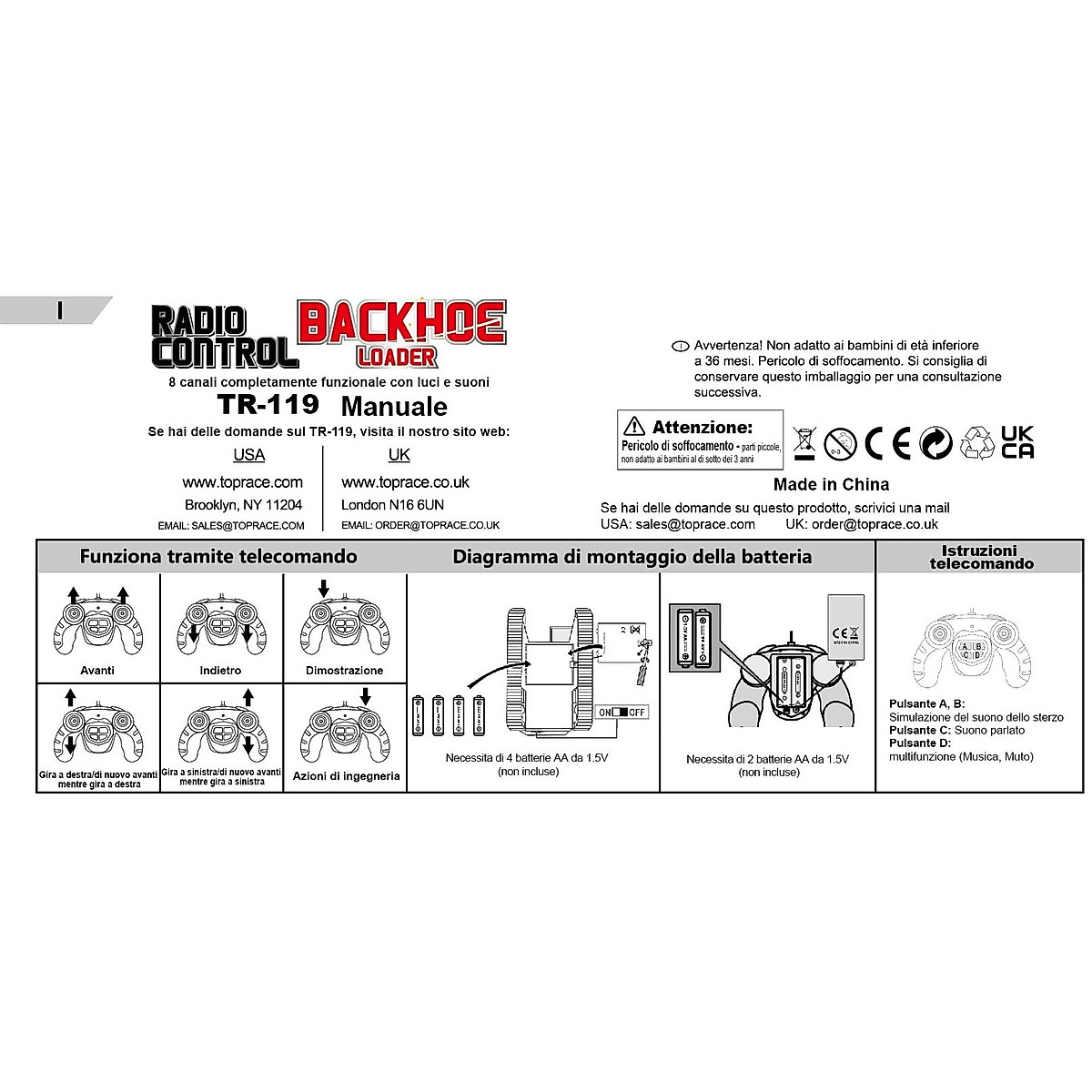 Top Race 8 Channel Full Functional Remote Control Excavator - Backhoe Toys for Boys - Battery Powered Electric RC Remote Control Construction Vehicles with Lights and Sound - for Kids Ages 3 and Up