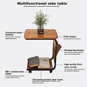 Casebeau C Shaped Sofa Table Side End Table With Wheels Vintage Wooden Movable Coffee Side Table Modern Coffee Small Side Table for Couch and Bed, Small Spaces, Living Room, Bedroom (Brown Wood Grain)
