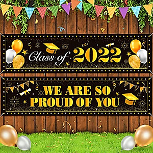 KIZZYEA Graduation Decorations 2022 - 2 Pcs Congrats Grad Banners for Class of 2022 and Proud of You Congratulations Banner Graduation Party Supplies Yard Sign Backdrop for Indoor Outdoor