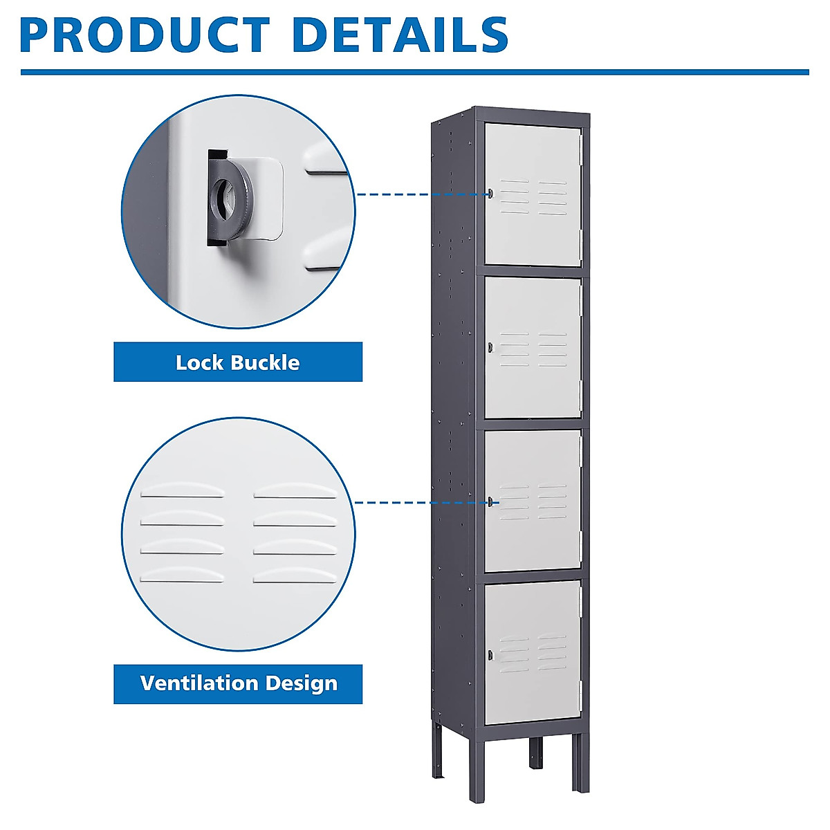 BYNSOE Metal Locker with 4 Door Employees Locker 4-Tier Storage Cabinet Locker for School Gym Office Hospital Steel Storage Locker (Grey White4)