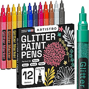 Glitter Paint Pens for Rock Painting, Stone, Ceramic, Glass, Wood, Fabric, Scrapbooking, DIY Craft Making, Art Supplies, Card Making, Coloring. Set of 12 Acrylic Glitter Markers Extra-Fine Tip 0.7mm