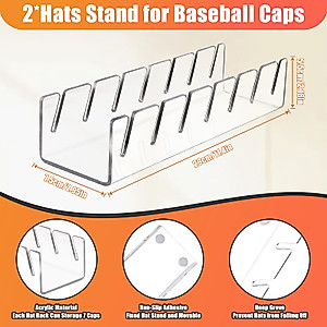 Sloworld Hat Stand for Baseball Caps, 2 Pcs No Install Acrylic Hat Organizer for 14 Baseball Caps, Hat Racks for Baseball Caps Display and Organizer for Bedroom, Closet, Dresser, Office (clear*2)