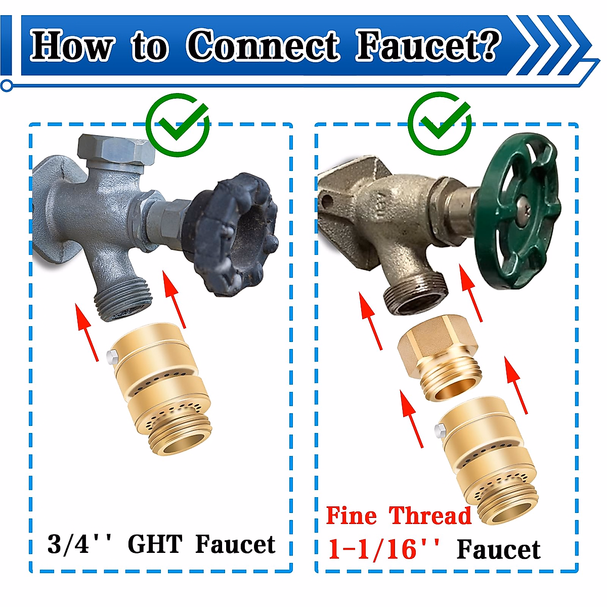 Self Draining Vacuum Breaker, No Lead Brass 3/4" Female x 1-1/16" GHT Male Hose Bib Backflow Preventer, Comes With 1-1/16" Female x 3/4" GHT Male Converter, Fit 1-1/16'' Fine Thread Faucet