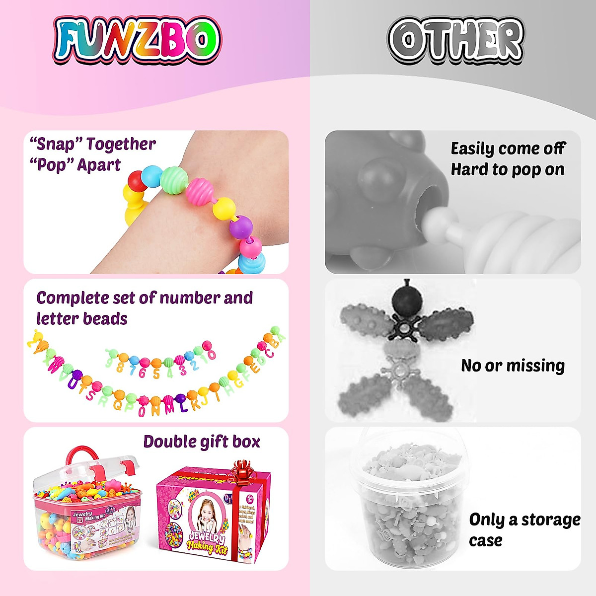FUNZBO 520+ Snap Pop Beads - Beads for Bracelets Jewelry Making Kit, Arts and Crafts Supplies for Kids, Toys for Girls Age 3 4 5 6 7 8 Years Old Birthday Easter Holiday Valentine Gift