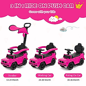 HONEY JOY Push Cars for Toddlers, Mercedes Benz Kids Toy Car w/Push Handle & Detachable Guardrail, Horn & Engine Sound, Seat Storage, Foot-to-Floor Ride On Push Car for Boys Girls(Pink)