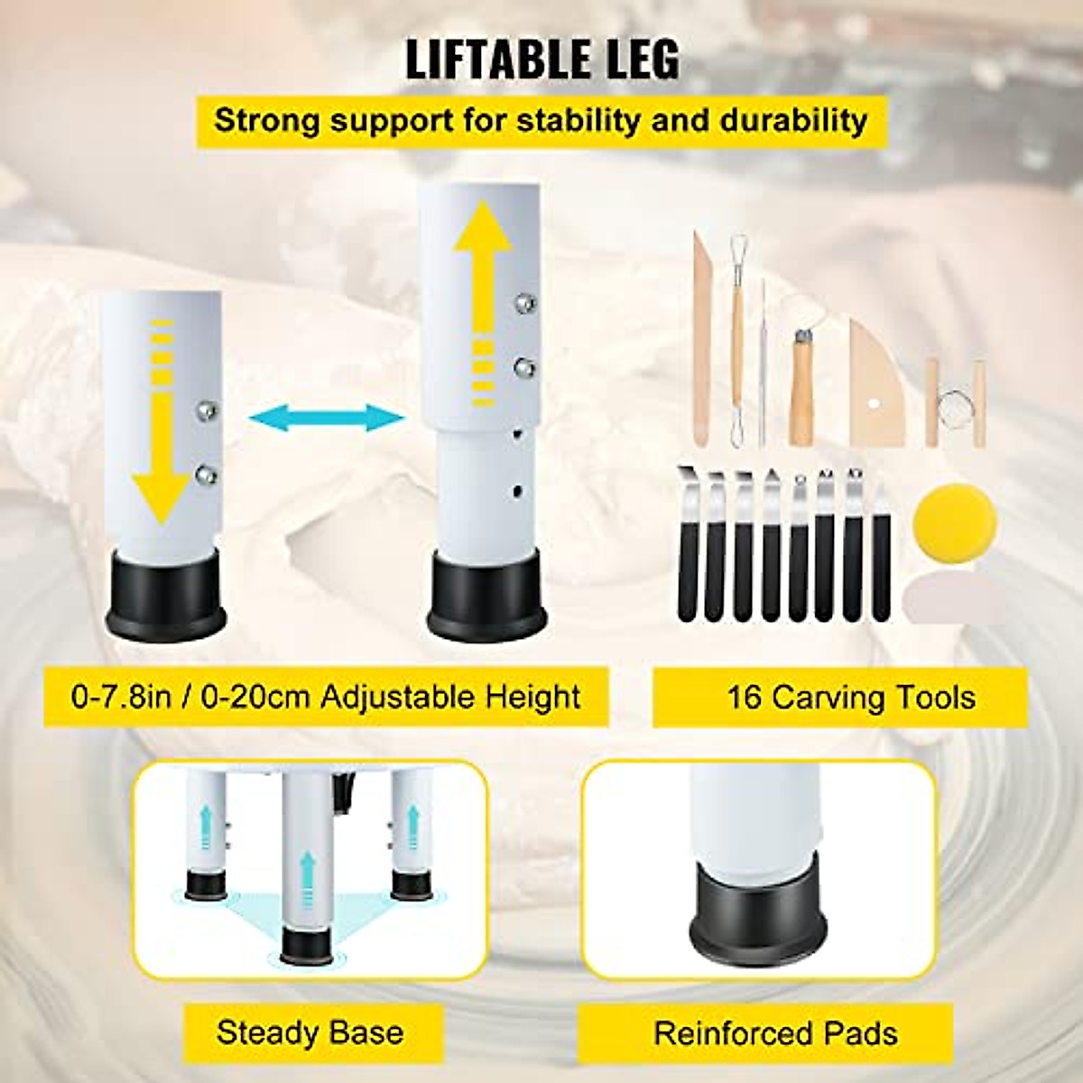 VEVOR Pottery Wheel, 0-300RPM Speed 0-7.8in Lift Table Electric Clay, 14in Ceramic Forming Machine Foot Pedal Detachable Basin Sculpting Tool Accessory Kit for Work Home Art Craft DIY, White