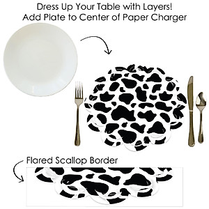 Big Dot of Happiness Cow Print - Farm Animal Party Round Table Decorations - Paper Chargers - Place Setting For 12