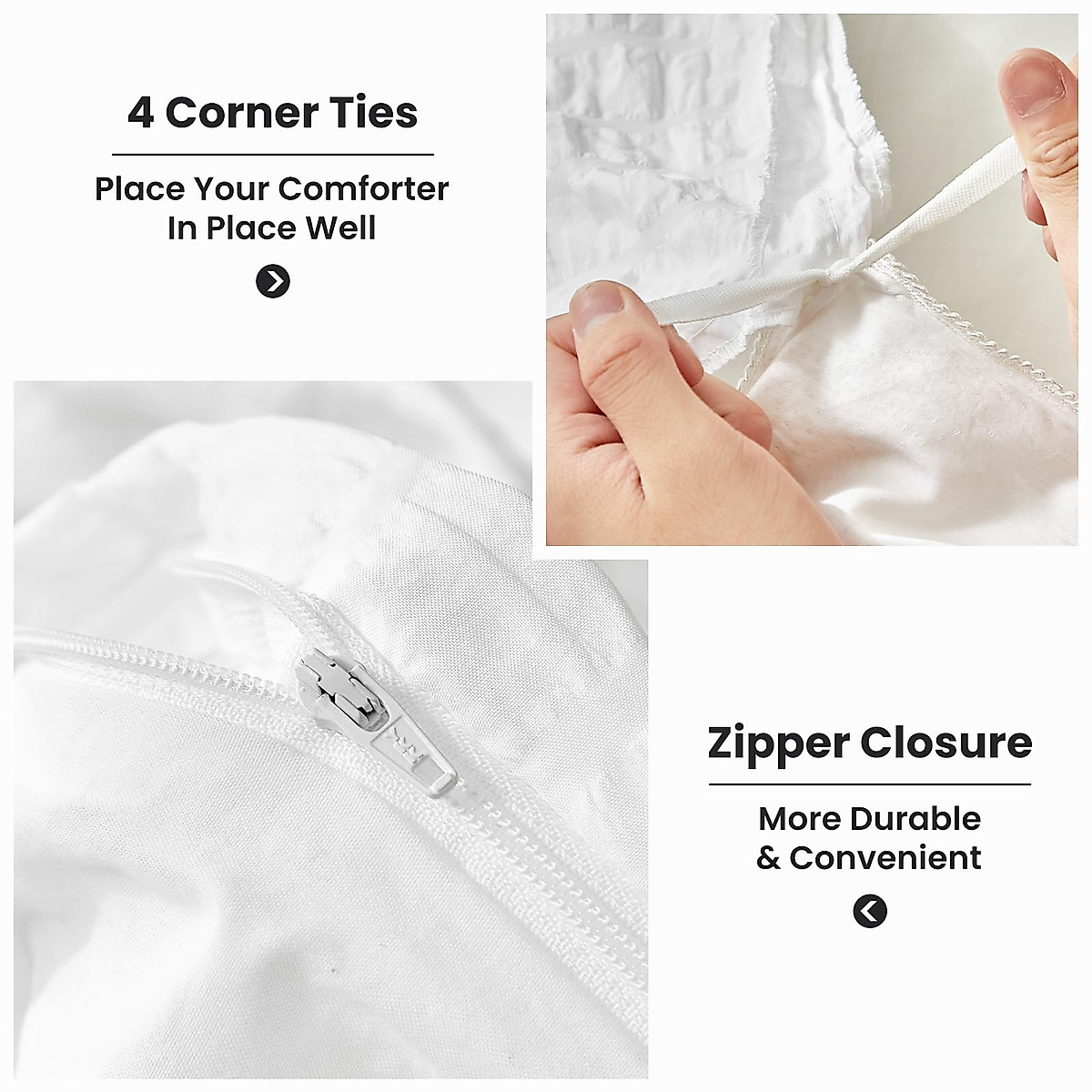 WARMDERN Duvet Cover Set Queen Size, 3pcs Washed Microfiber White Bedding Set, Soft Breathable Striped Textured Seersucker Duvet Cover with Zipper Closure & Corner Ties(White, Queen)