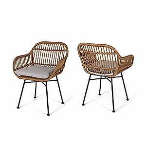 Christopher Knight Home Rodney Indoor Woven Faux Rattan Chairs with Cushions (Set of 2), Light Brown and Beige Finish