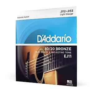 D'Addario Acoustic Guitar Strings - 80/20 Bronze - For 6 String Guitars - Deep, Bright, Projecting Tone - Deep, Bright, Projecting Tone - EJ11 - Light, 12-53