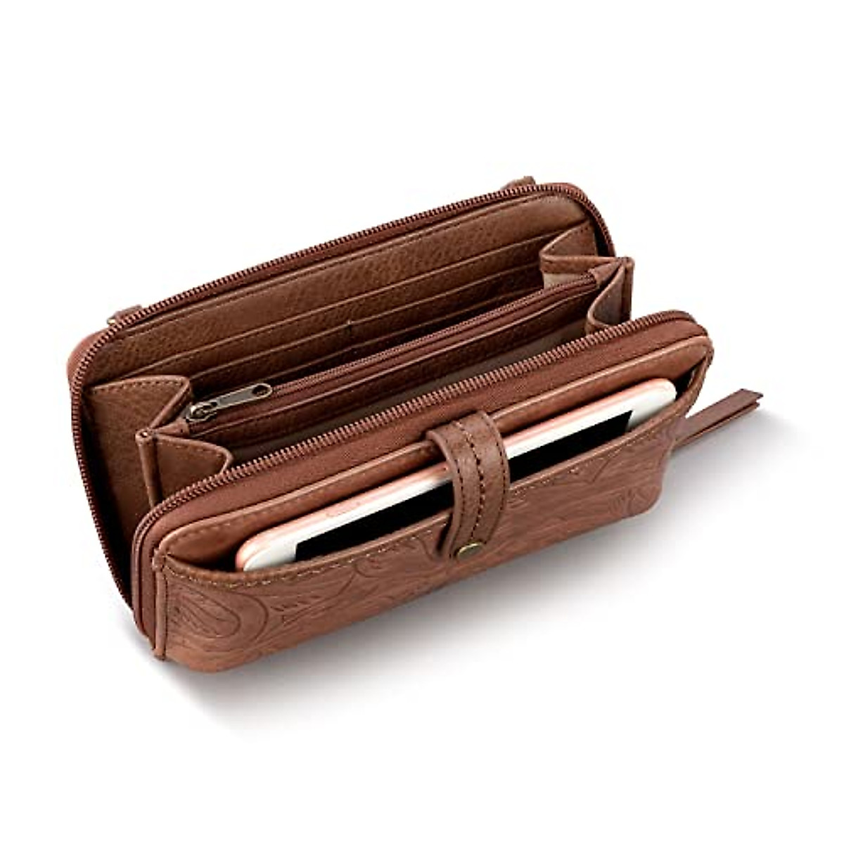 The Sak Womens Iris Large Smartphone Crossbody Bag in Leather, Teak Leaf Embossed, One Size US