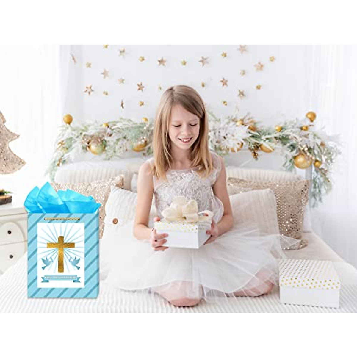 FLYAB First Holy Communion Gift Bag for Girls Boys 11.5" Easter Religious Cross Christian Gift Bag with Tissue Paper Baptism Gift Bag with Handle Christenings Confirmations Gifts for Baby Boys Girls