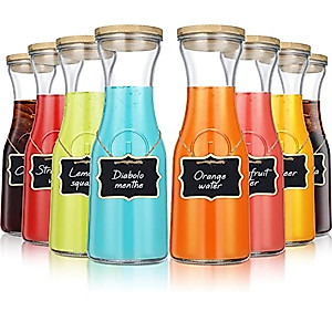 8 Pcs 1 Liter Glass Carafe with Lids Glass Pitchers Clear Water Carafe Juice Containers with Lids for Fridge Beverage Glass Juice Bottles and 8 Pcs Wooden Chalkboard Tags for Mimosa Bar Wine Milk Tea