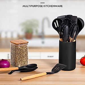 Lanzo Design Kitchen Utensil Set, 13 pcs Non-Stick Silicone Cooking Utensils Spatula Set with Ceramic Holder (Black Holder)