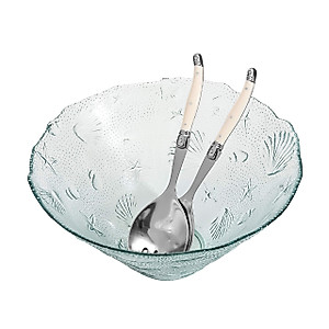 French Home Recycled Clear Glass 12" W x 6" H, Coastal Salad Bowl and Laguiole Salad Servers with Faux Ivory Handles