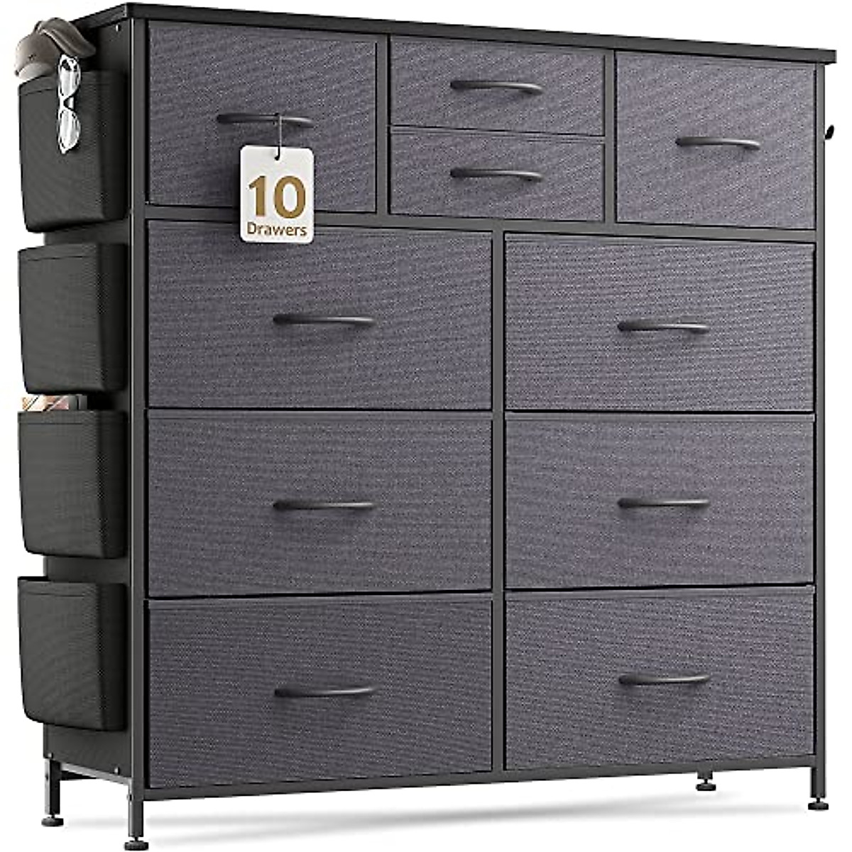 YaFiti 10 Drawer Dresser, Chest of Drawers for Bedroom, Fabric Dresser Drawers with Side Pockets, Hooks, Wooden Top and Sturdy Metal Frame for Living Room, Closet, Hallway, Nursery (Grey)