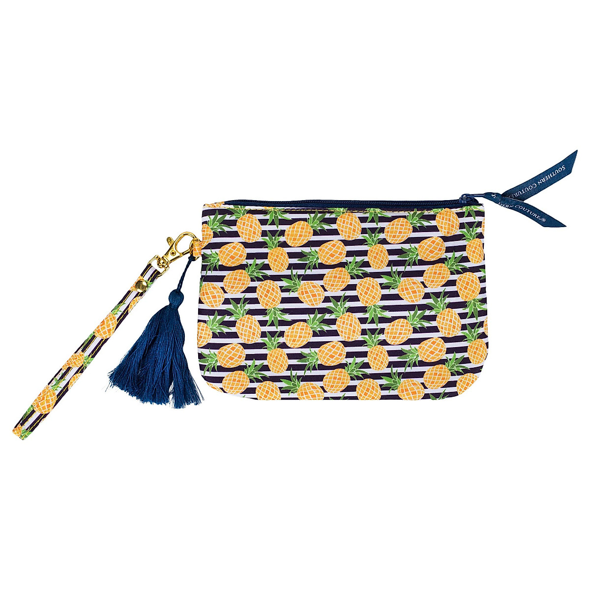 Southern Couture Pineapples Stripe Yellow and Navy Blue 7 x 5 Polyester Phone Wristlet Handbag