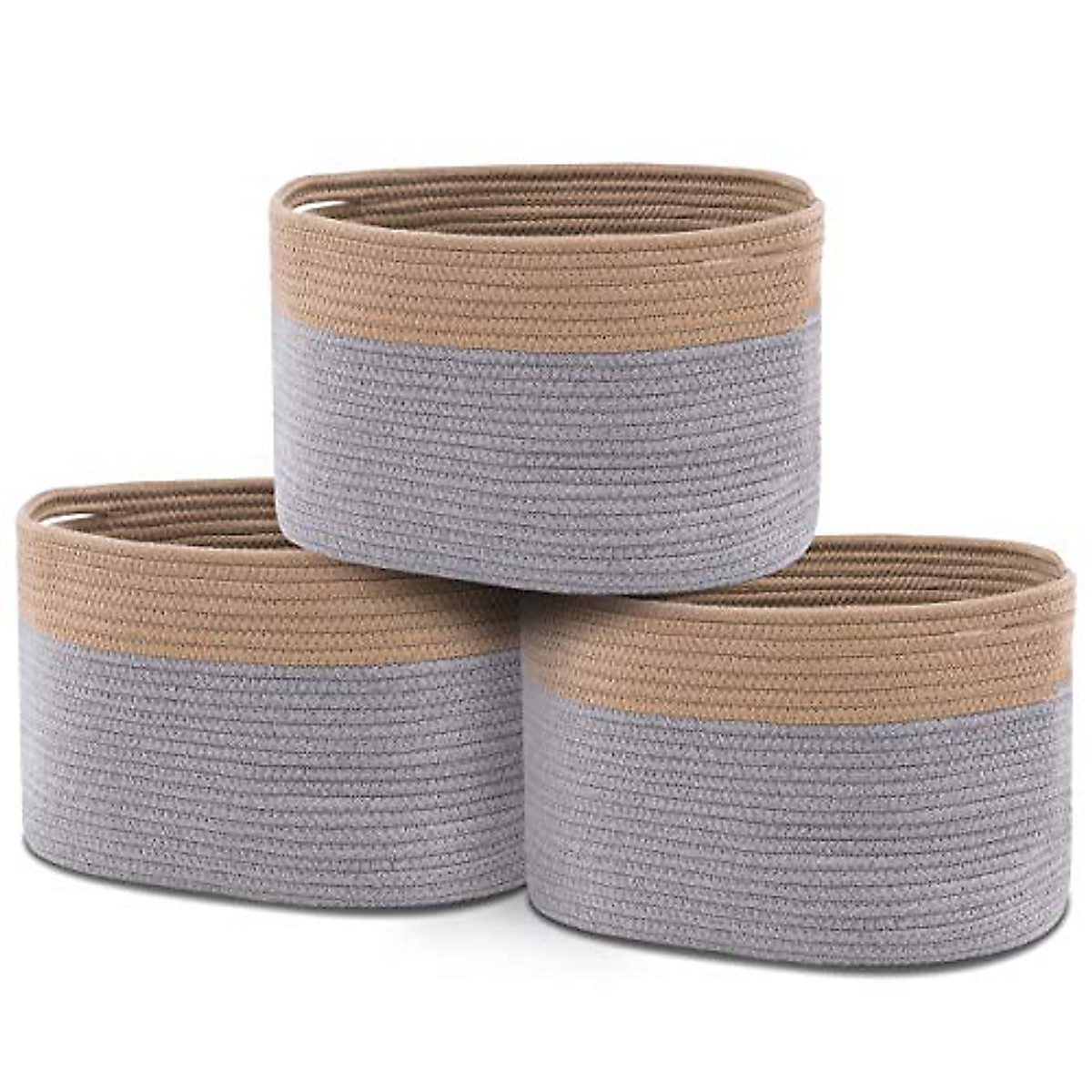 YOUDENOVA Rope Basket for Storage, Woven Storage Basket Bins, Set of 3, Nursery Basket for Toys, Throws, Makeups, Brown & Grey