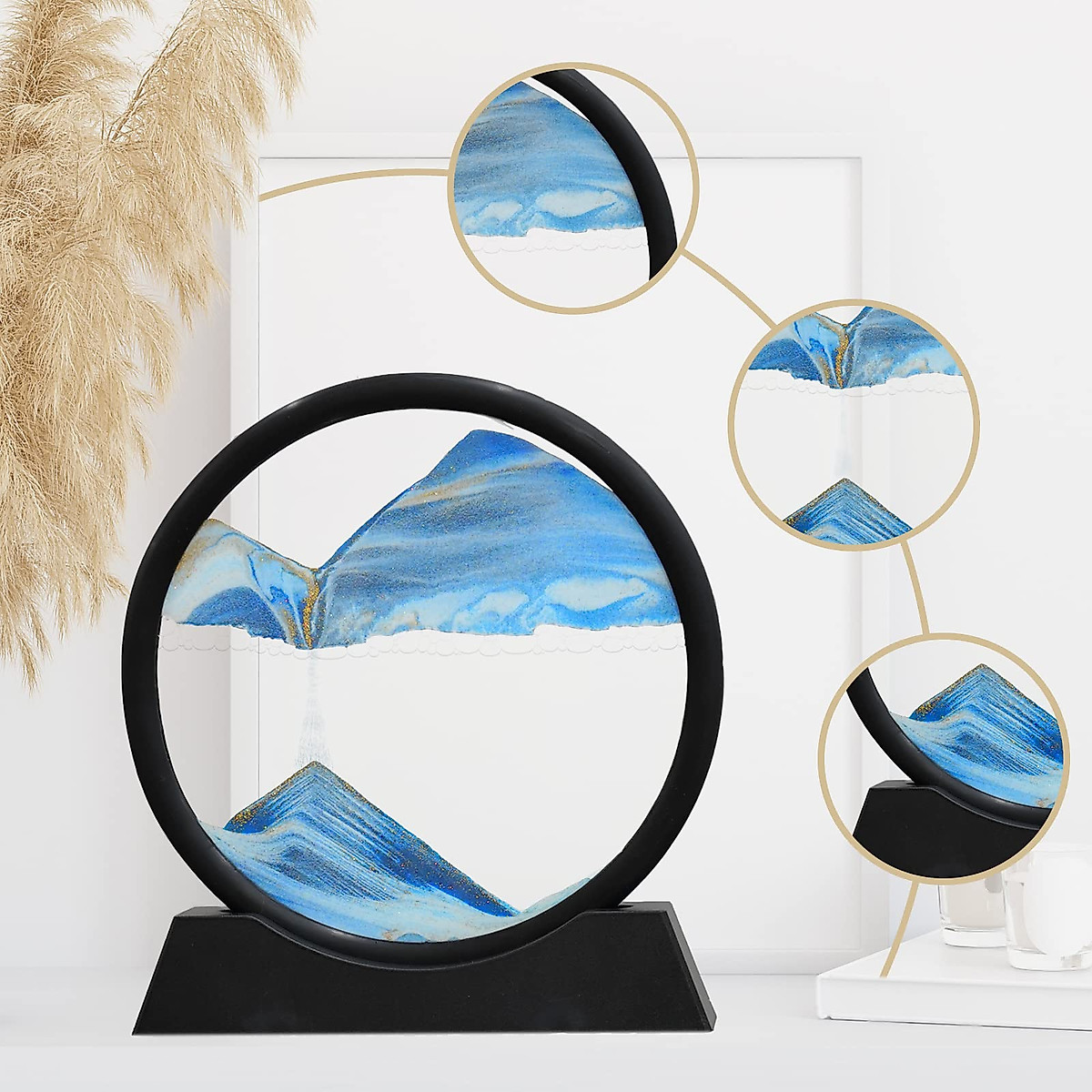 Winthfure Moving Sand Art Picture-3D Deep Sea Sandscape in Round Glass Flowing Sand Frame, Large Desktop Sand Art Toys, Relaxing Home and Office Decorations (7", Blue)