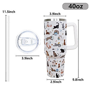 ZNYYZYBA 40 oz Tumbler With Handle and Straw, Cat Tumbler With Leak Proof Lid, Reusable Stainless Steel Insulated Travel Coffee Mug, Gifts for Cat Lovers