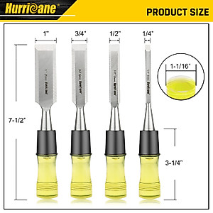 Hurricane 4 Piece Wood Chisel Set for Woodworking, CR-V Steel Beveled Edge Blade, Durable PVC High Impact Handle Wood Chisel
