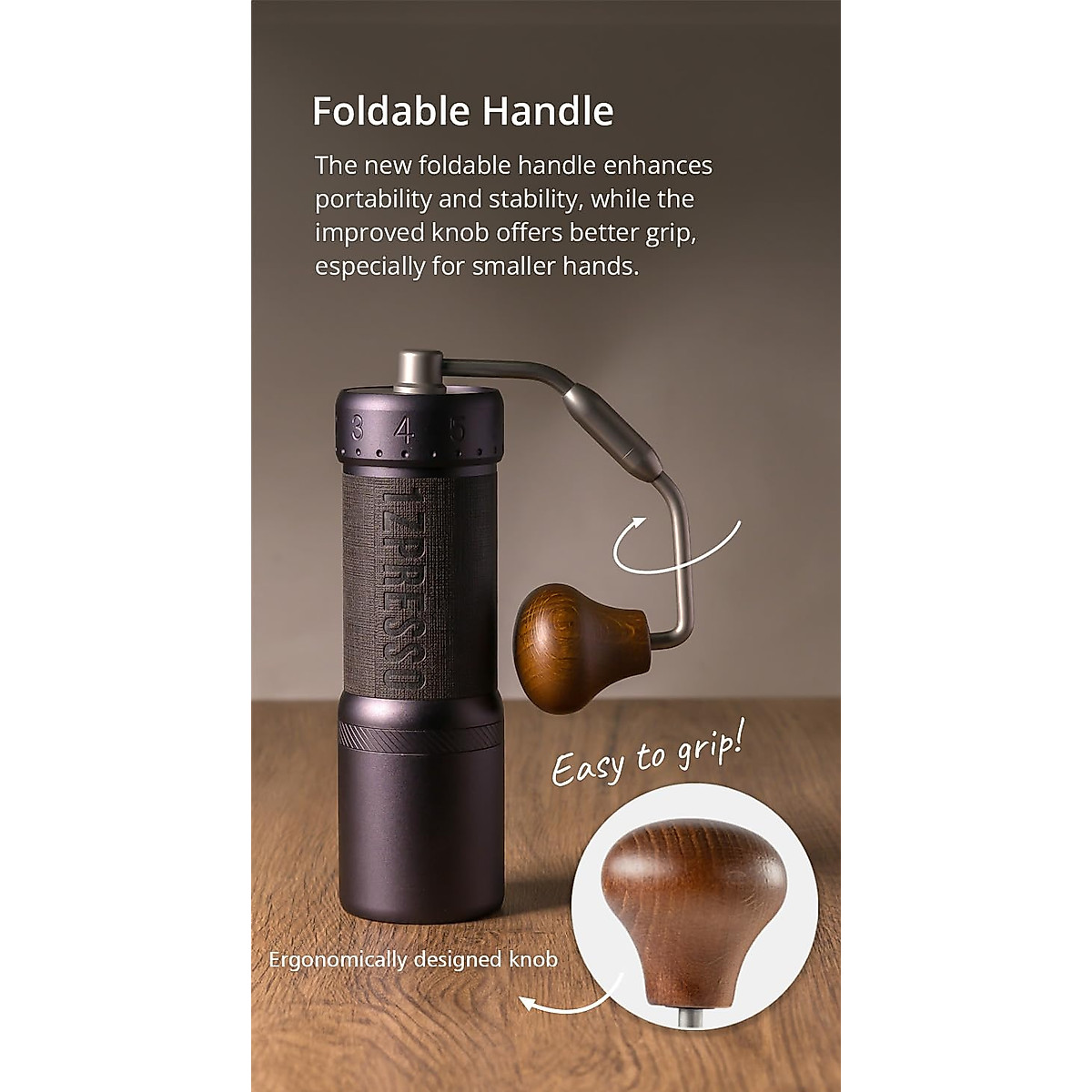 1Zpresso J-Max S Manual Coffee Grinder Iron Gray, Coated Conical Burr,Foldable Handle, Magnet Catch Cup Capacity40g, Numerical Adjustable Finely Setting, Faster Grinding Efficiency ideal for Espresso