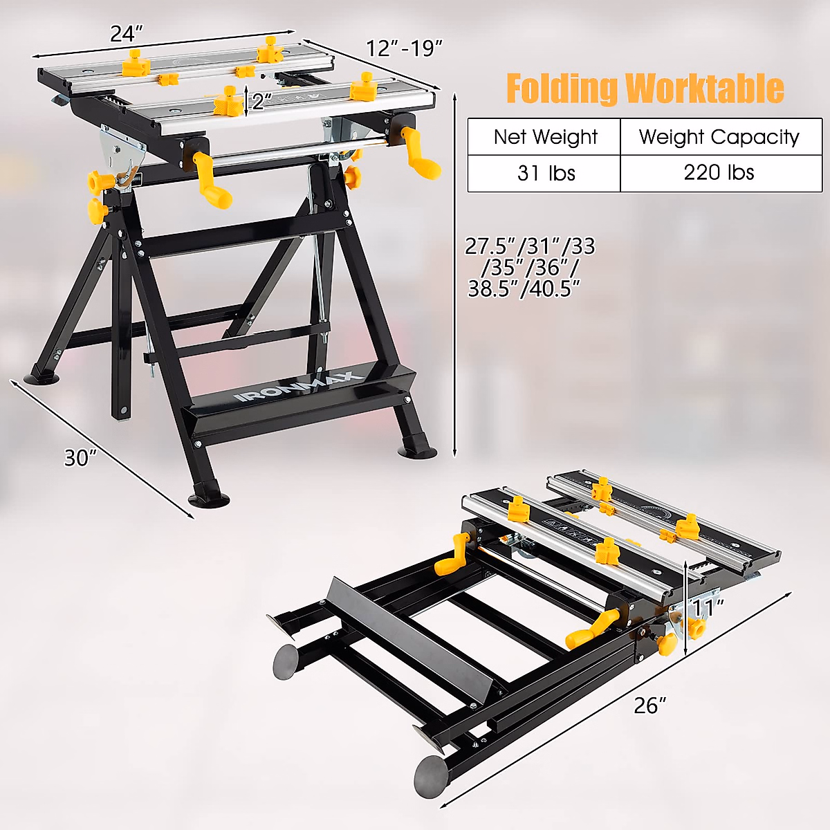 IRONMAX Portable Workbench, Folding Work Table with 7-Level Height Adjustable, 8 Sliding Clamps and Reclining, Folding Workbench and Vise for Cutting, Saw, Paint
