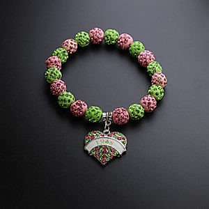 TongXin Greek Sorority Paraphernalia Gifts Sorority Bracelet Leaf Pendant Jewelry Pink and Green Bead Bracelet for Women (Heart Charm)