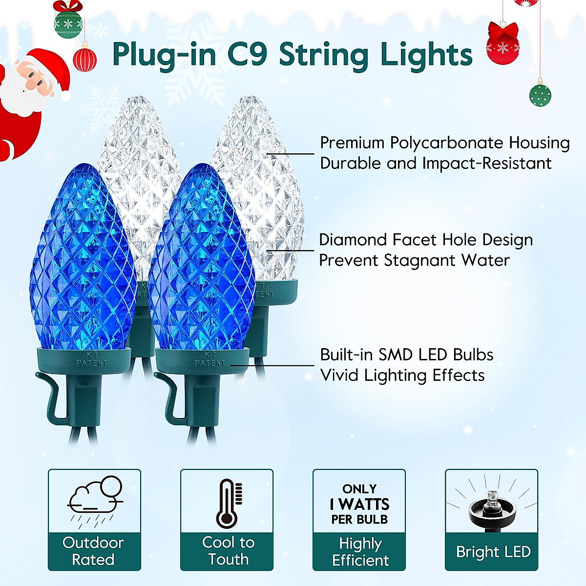 Brightown C9 LED Christmas String Lights, 33ft 50 LED Waterproof Strawberry String Lights, Extendable Green Wire Lights String for Outdoor Indoor Patio Party Decoration, Blue and White