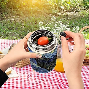 CUPADA Cat Art Funny Food Jar, Van Gogh Style Insulated Hot Food Jars Vacuum 17OZ with Folding Spoon for Work Trip Picnic Camping