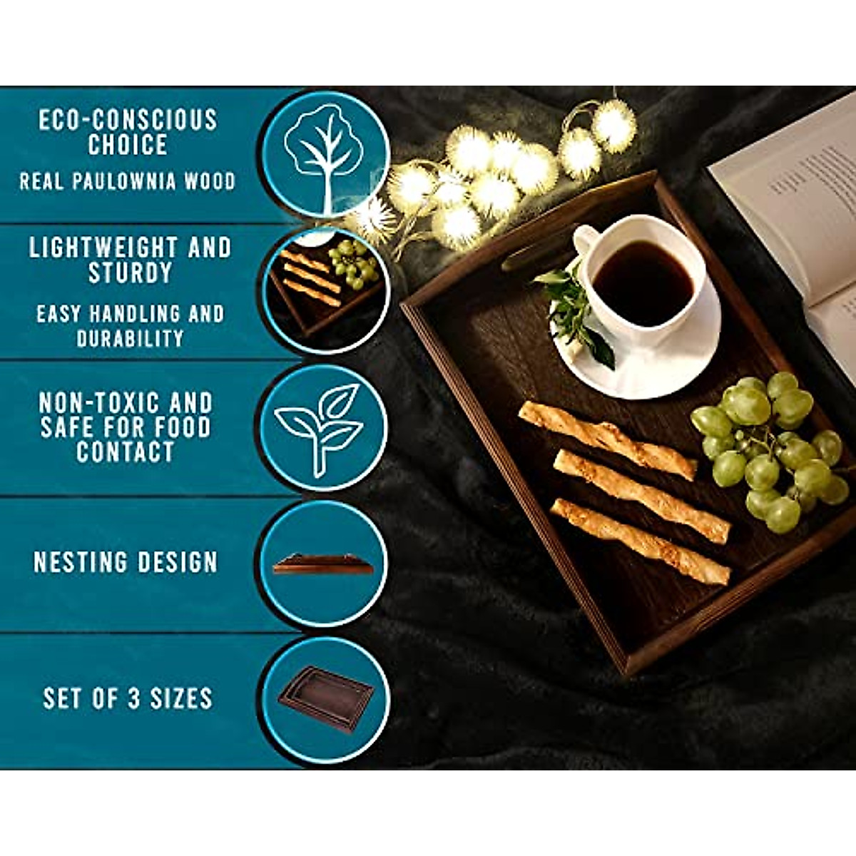 Farmhouse Wood Serving Trays Set of 3 - Stained Wood Brown | Stylish and Functional Platters for Exquisite Food Presentation | Rustic and Durable Kitchen Accessories