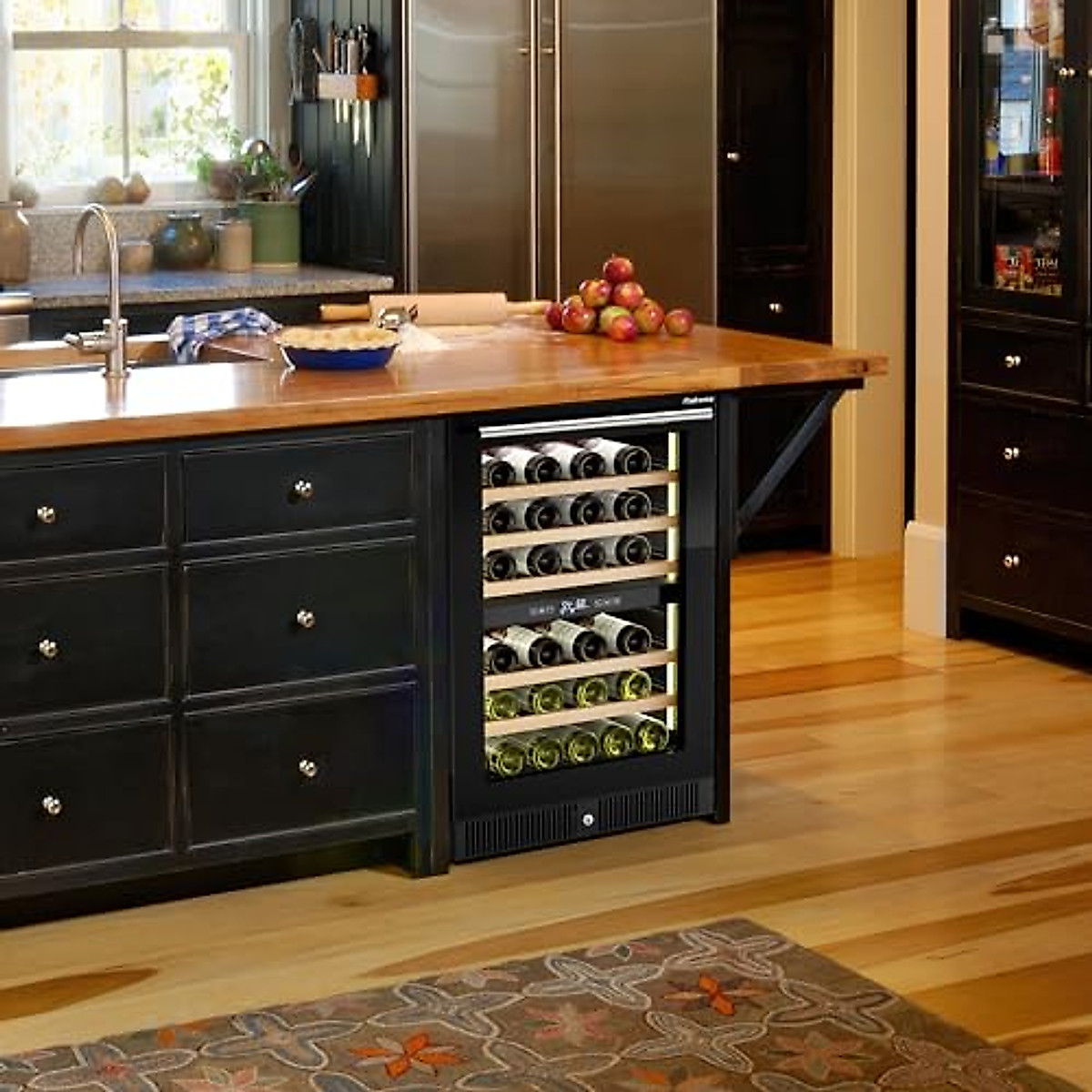 Frostronics 24 Inch Dual Zone Wine Refrigerator, 51 Bottles Under Counter Built-In or Freestanding Wine Cellar, Wine Cooler with Quiet Compressor Cooling and Reversible Glass Door, Fits Large Bottle