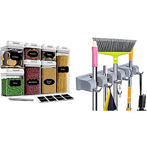 CINEYO 7 Pc's Airtight Food Storage Container & Mop and Broom Holder Wall Mount (Gray)