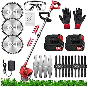 Weed Wacker Cordless Grass Trimmer Electric Weed 90~120cm Retractable, 3 Kinds of Adjustable Blades, 24v Electric Cordless Garden Trimmer with Battery and Charger for Garden (RED)