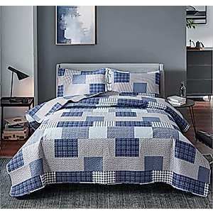 Bedspread Set Queen/Full Size Plaid Quilt Bedding Queen Grey Blue Patchwork Modern Lightweight Quilt Bedspread Home Reversible Coverlet-Soft Polyester 3 Piece Quilt Set Collection