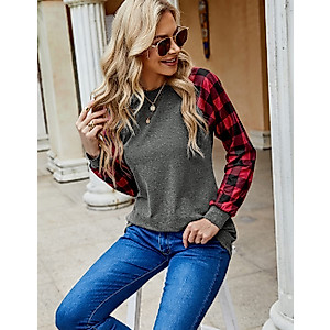 Miskely Women's Casual Color Block Long Sleeve Pullover Blouse With Pocket Loose Lightweight Tunic Tops Sweatshirt (XX-Large, A Grey Red Sleeve)